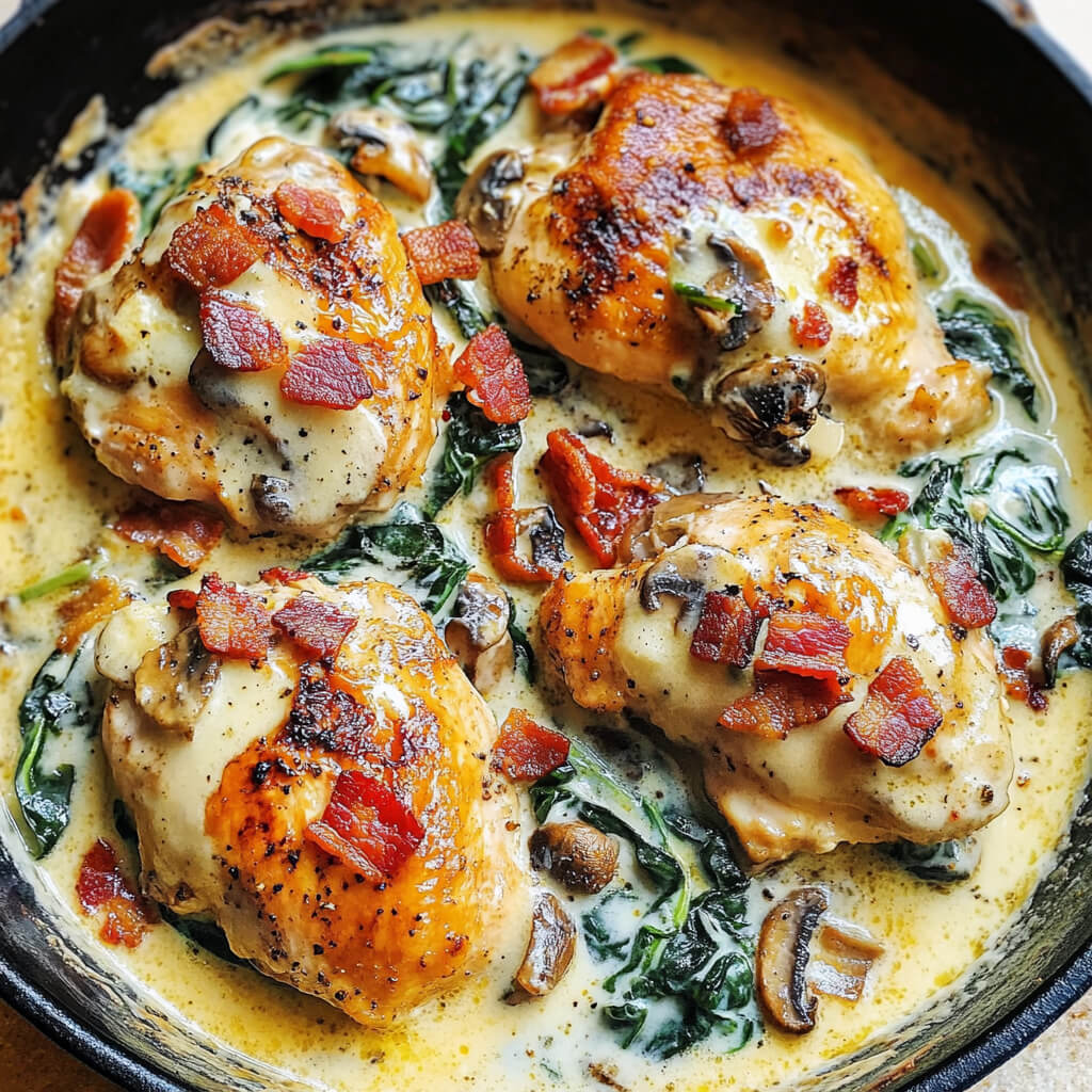 Smothered Chicken with Creamed Spinach, Bacon, and Mushrooms - Recipes